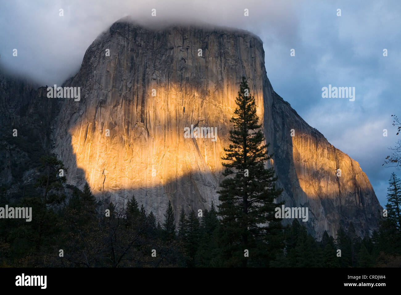Evening sunlight shines on El Capitan, a granite monolith with up to ...