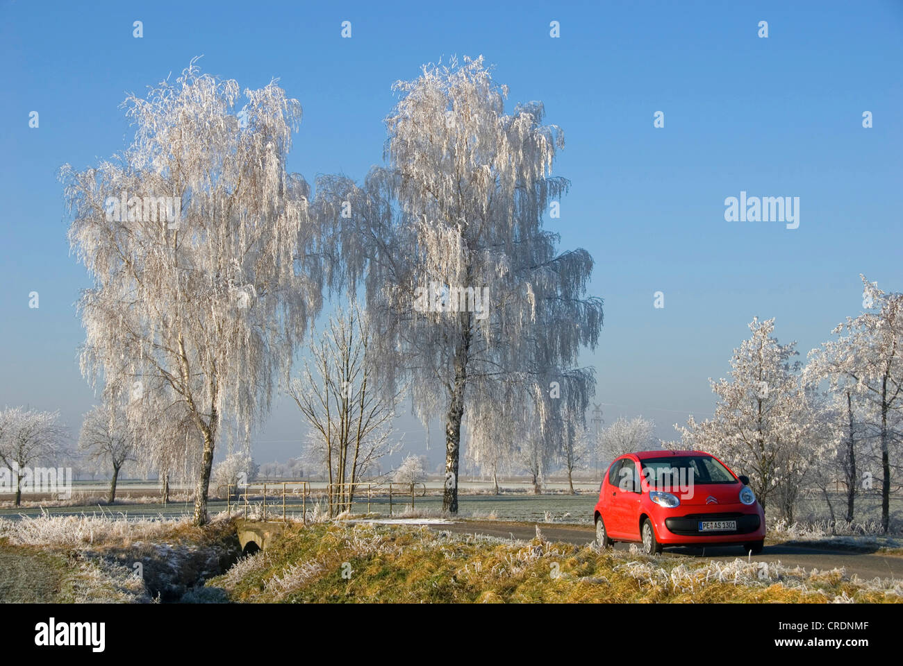 winter scenery with red car at a creek, Germany, Lower Saxony Stock ...
