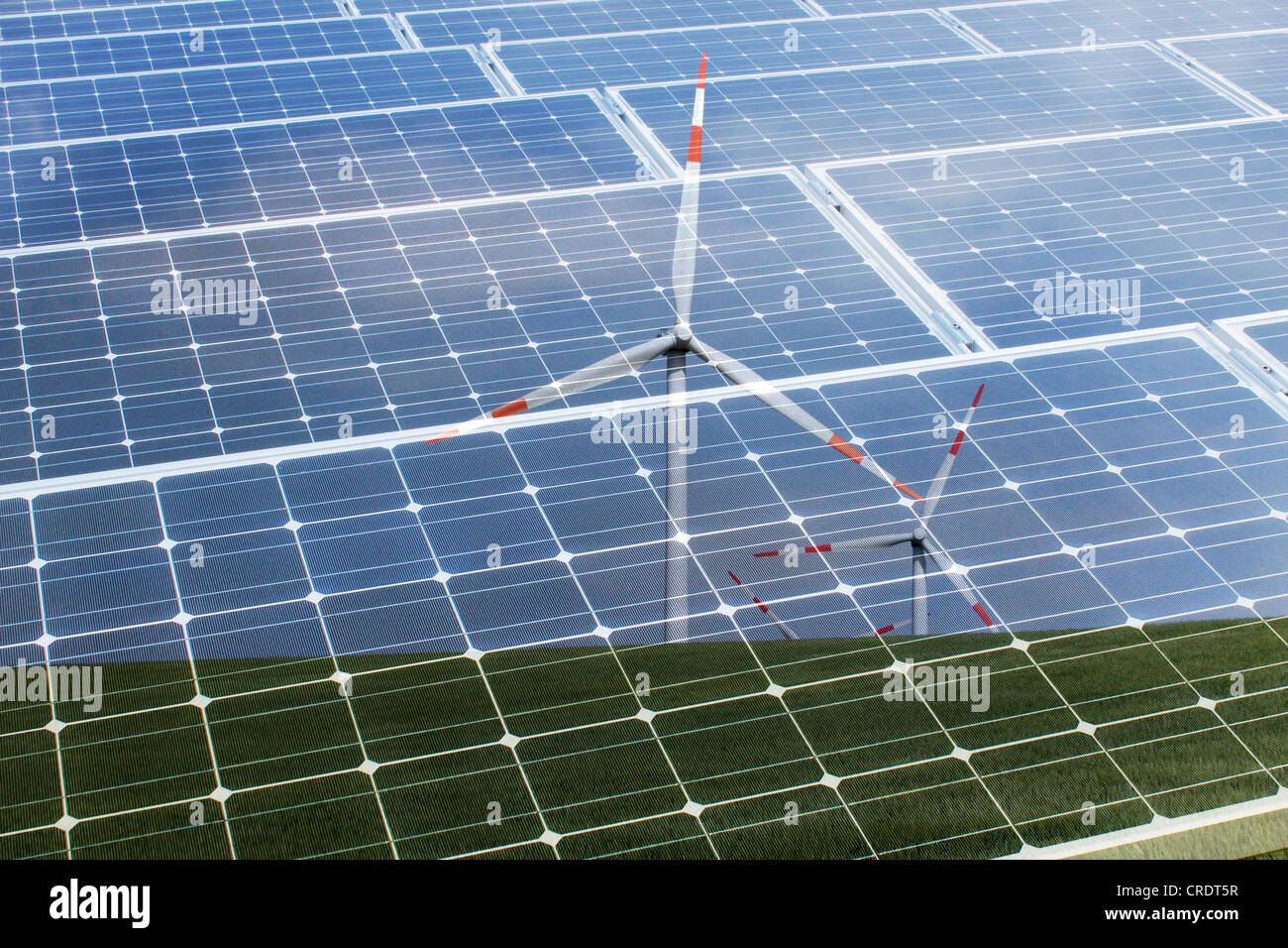 Solar panels with the reflection of wind turbines, illustration ...