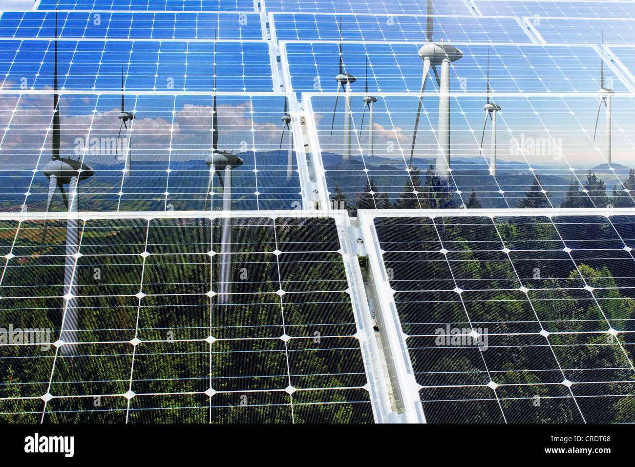 Solar panels with the reflection of wind turbines, illustration ...