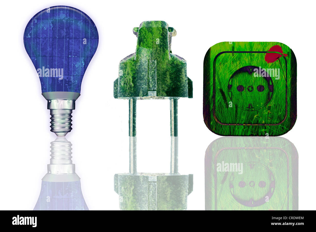 Light bulb with a solar panel, plug with a forest design, socket with ...