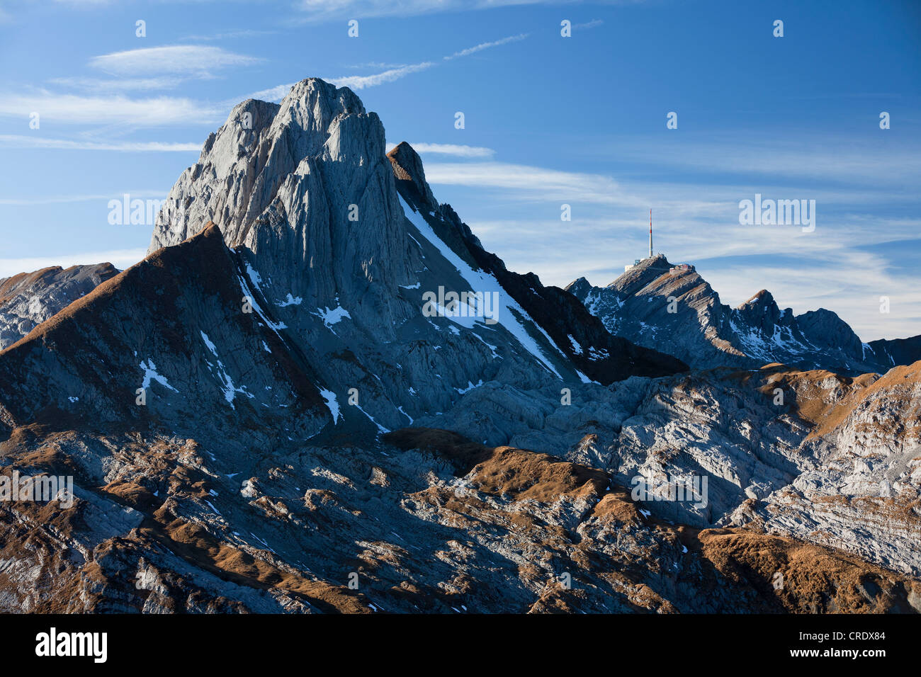 Mountaineering in the Alpstein massif with views of Mt Saentis and Mt ...