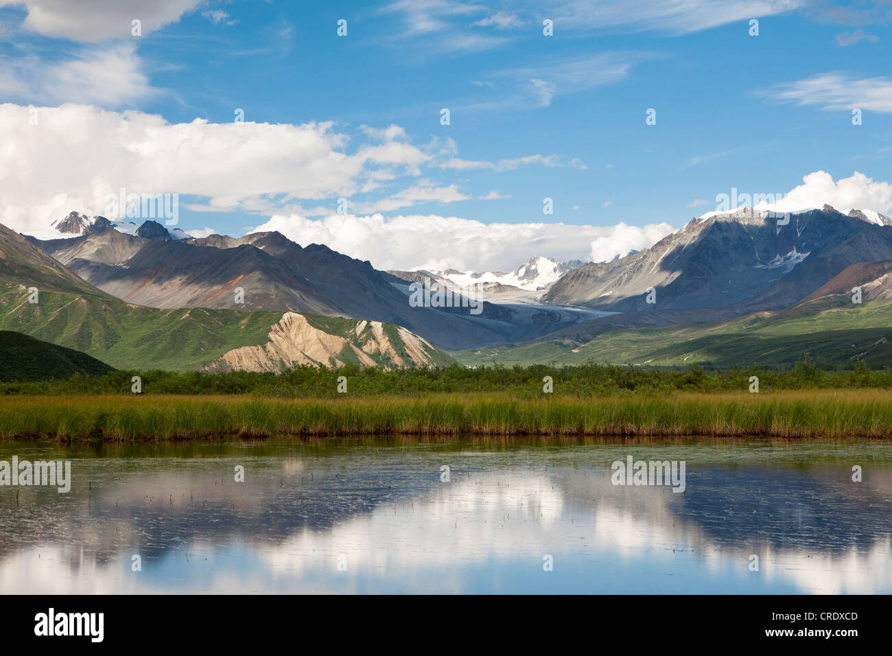 Water reflections on a high plateau in the Alaska Range, Alaska, USA ...