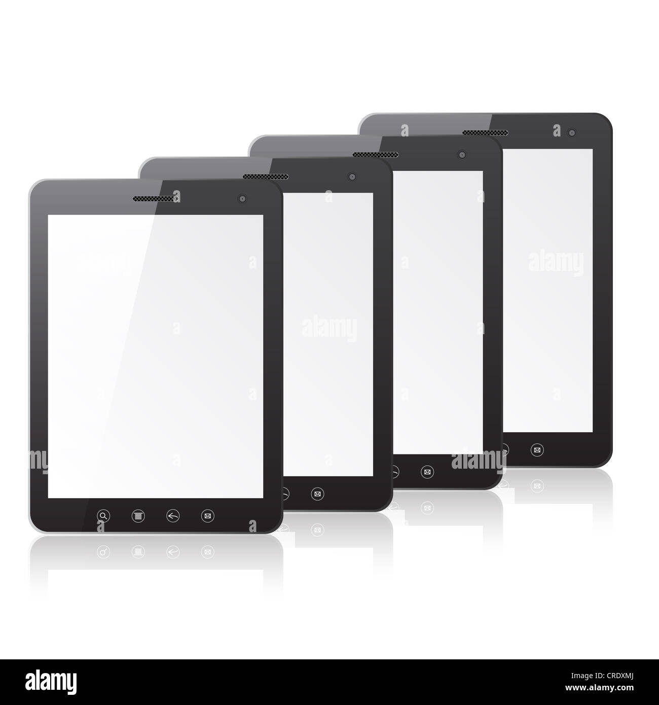 Four tablet PC computer with blank screen isolated on white background ...