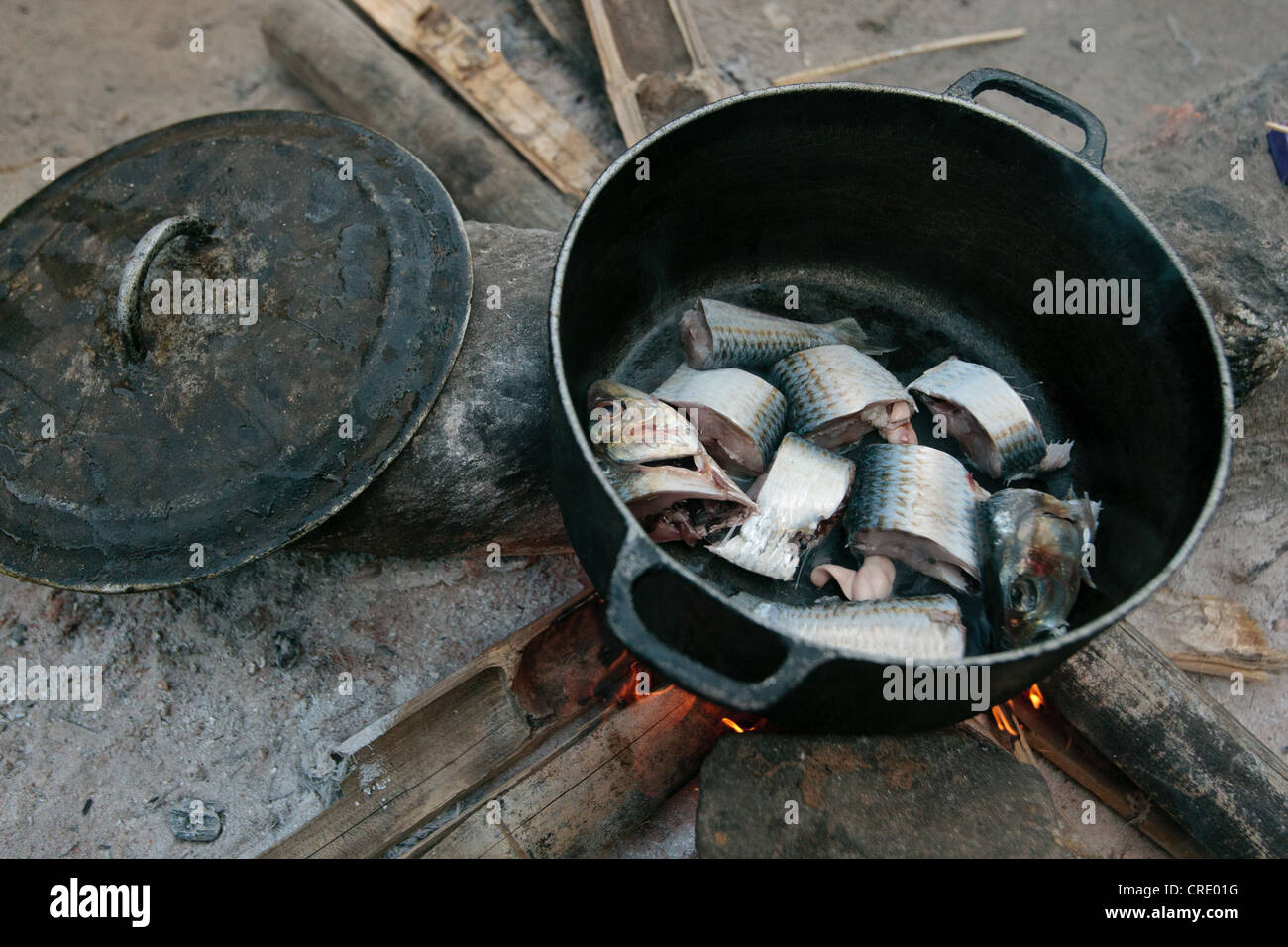 Fish cooks in a pot on open fire in the village of Jenneh, Bomi county ...