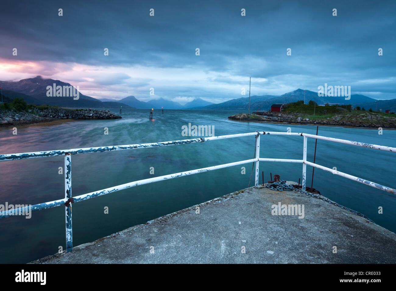 Port of Lodingen at midnight during light rain on the Lofoten Islands ...