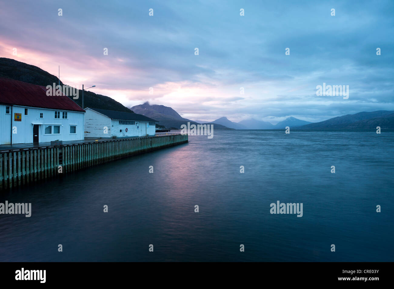 Port of Lodingen at midnight during light rain on the Lofoten Islands ...