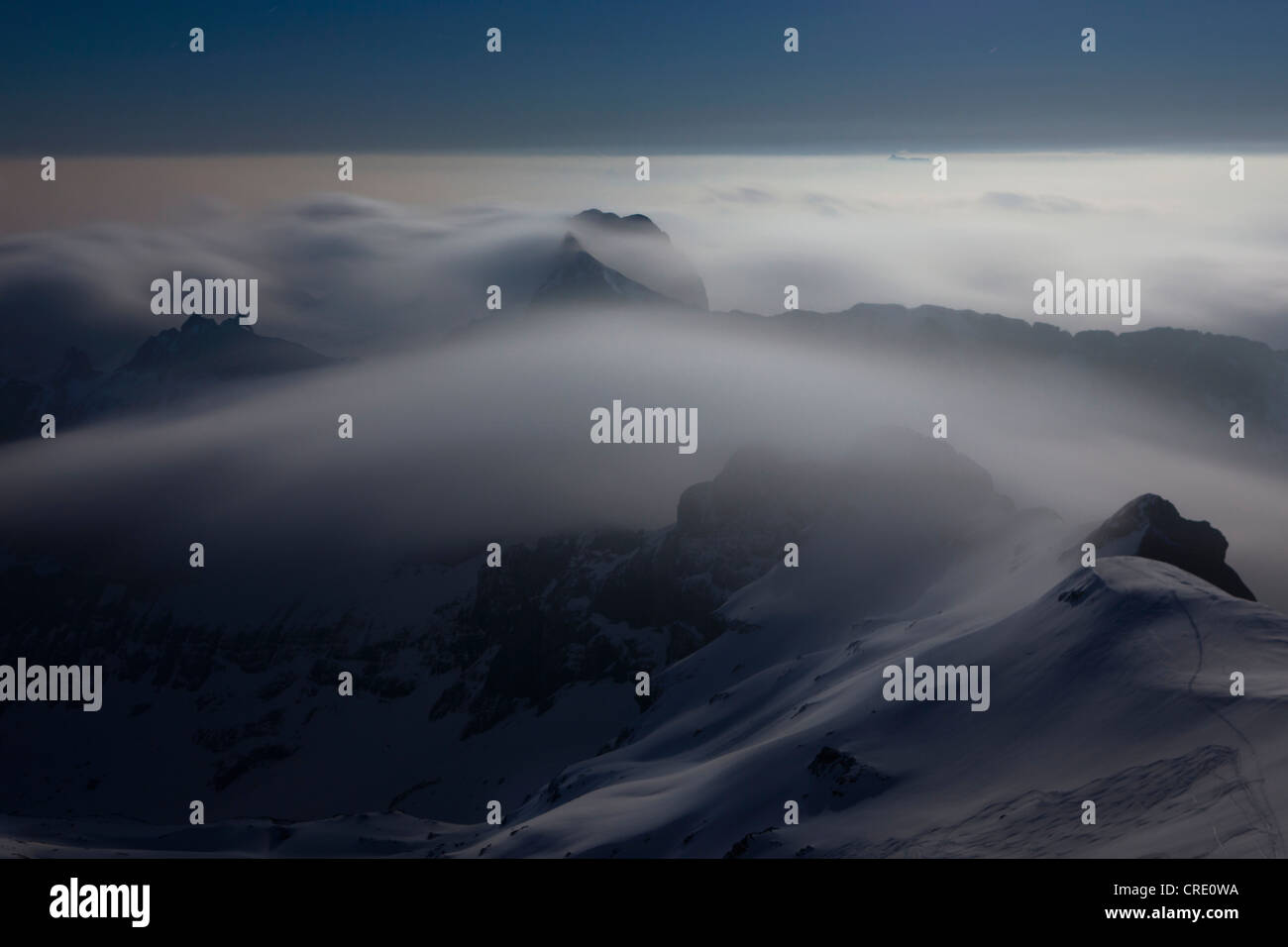 Evening in the Alpsteingebirge Mountains, view from Mt. Saentis with Mt ...
