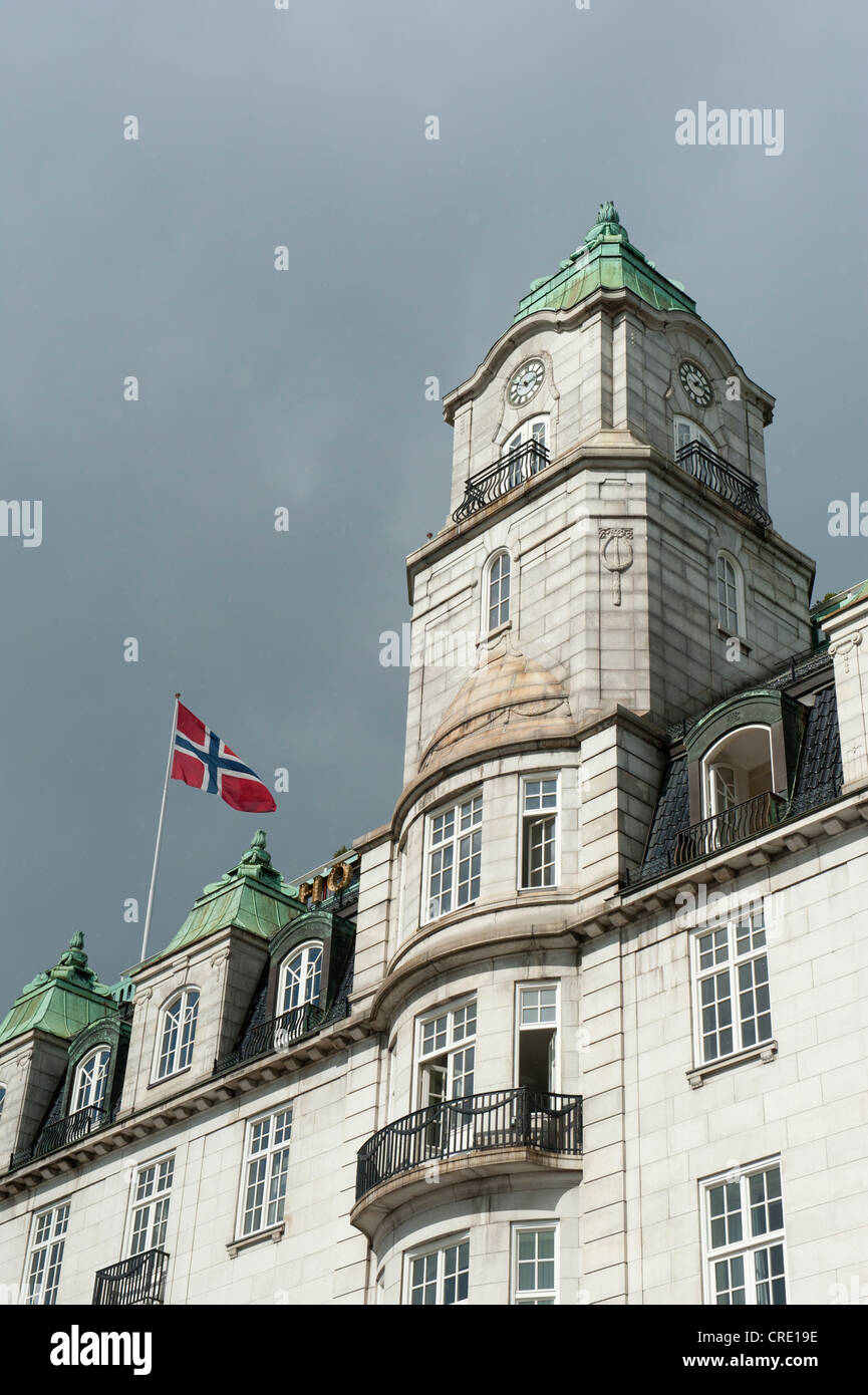 Tower and national flag, Grand Hotel, Karl Johans Gate No. 31, Oslo ...