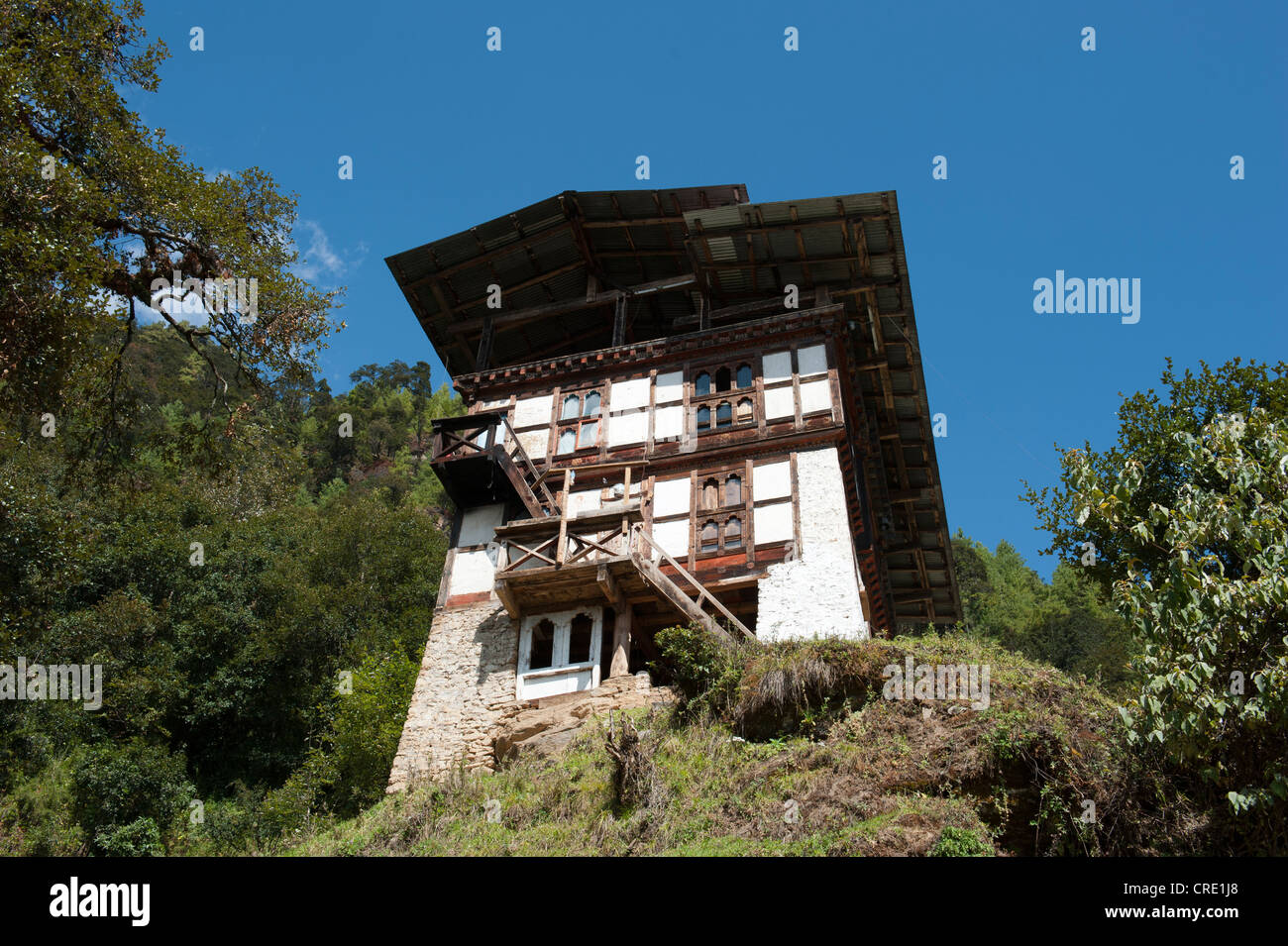 Traditional tall house on a slope, Cheri Goemba Monastery, Chagri ...