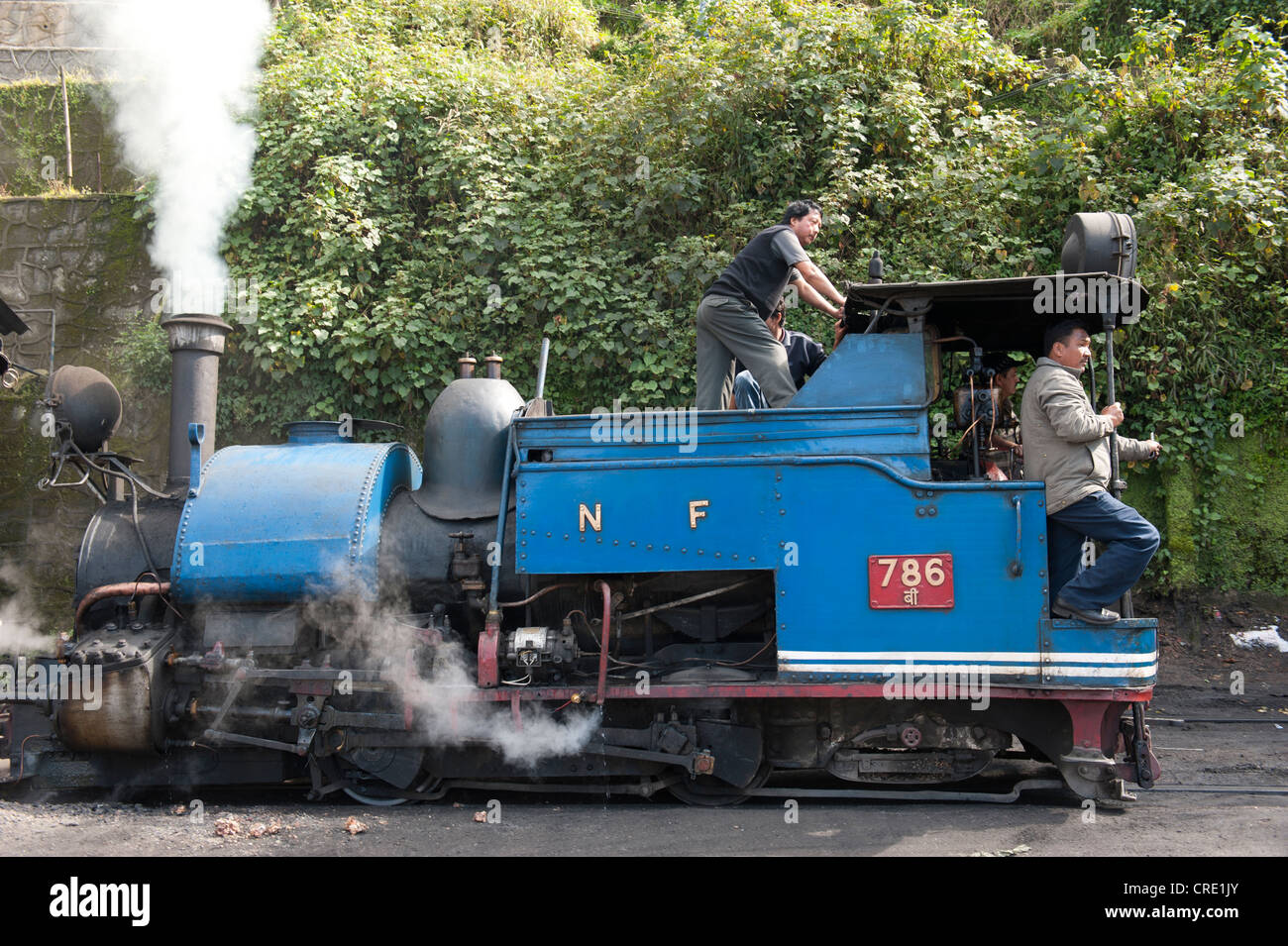 Historic train running backwards, Darjeeling Himalayan Railway, narrow ...