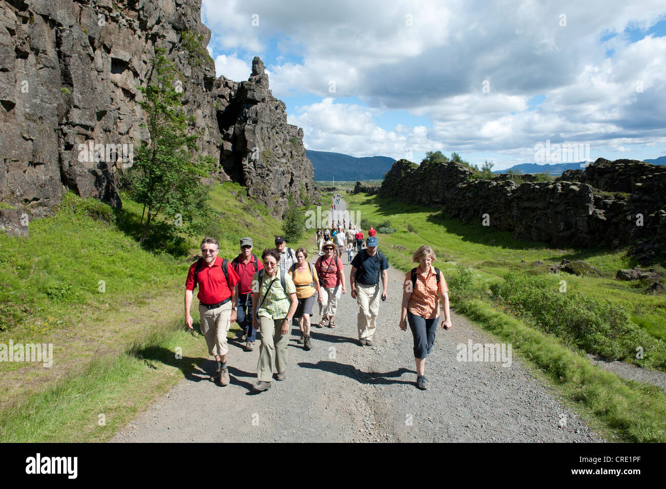Hiking group, Almannagjá, Almannagja canyon, Þingvellir, Thingvellir ...