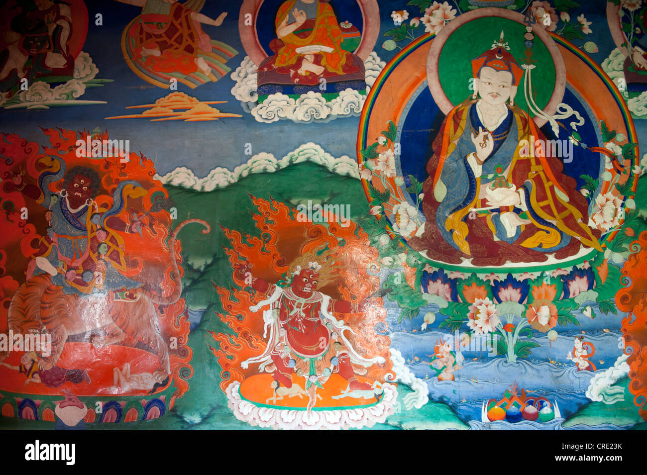 Tibetan Buddhism, old wall painting in the assembly hall, Padmasambhava ...