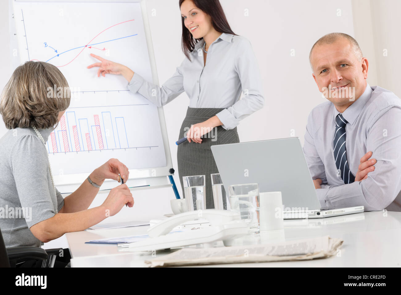 Giving presentation mature executive during meeting woman pointing flip ...