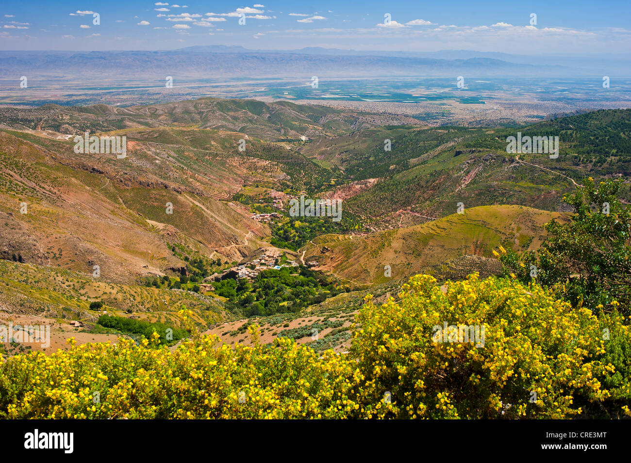 Typical landscape in the High Atlas mountain range, valley with a small ...