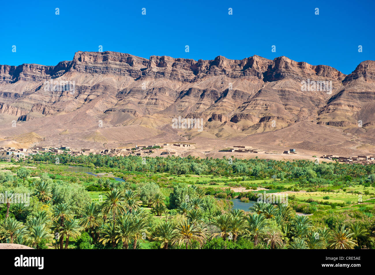 Draa-Valley with palm grove and small villages and the Djebel Kissane mountain, Agdz, Draa ...