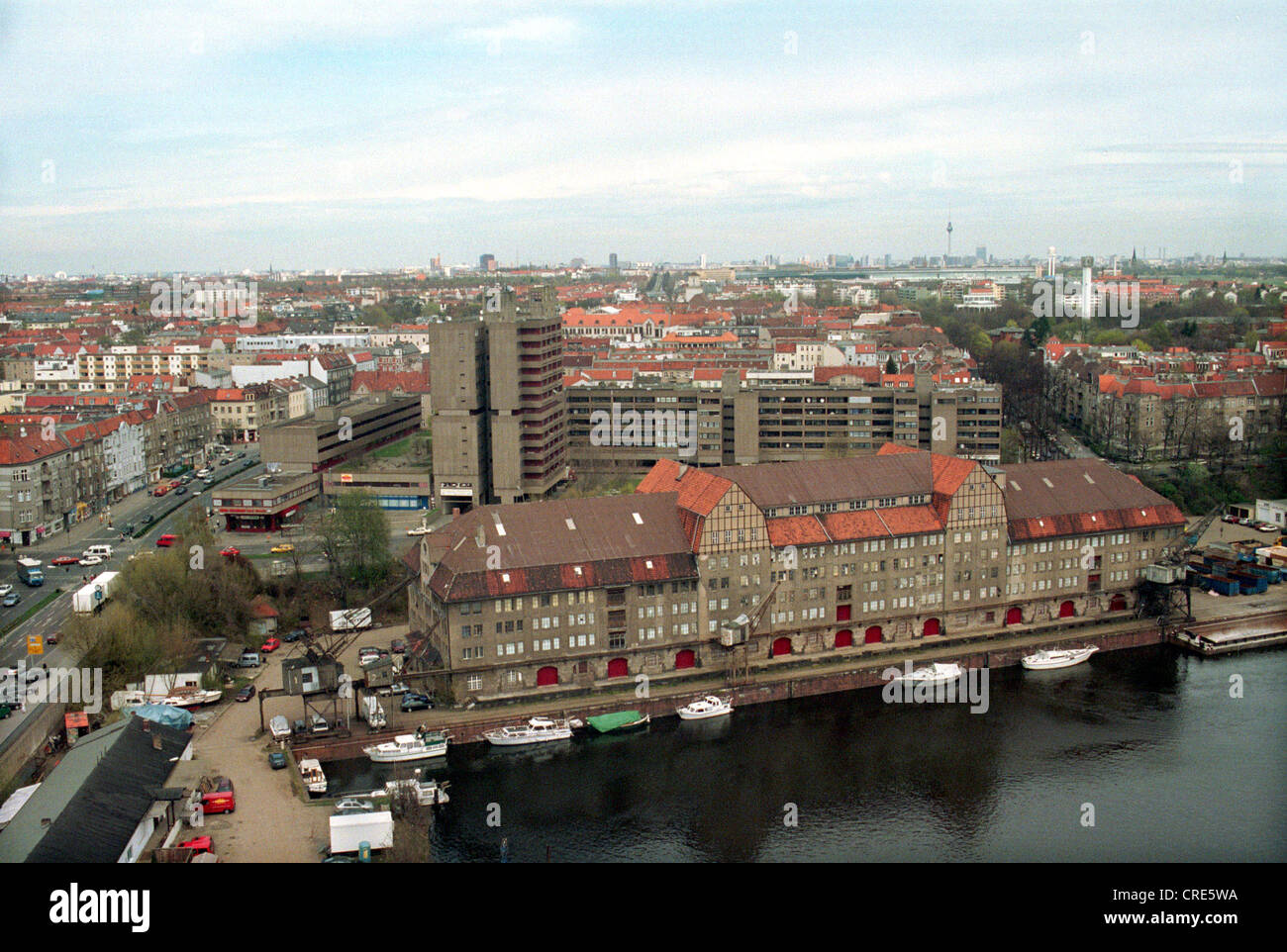 Overview of the marina at the Teltow Canal in Berlin Tempelhof, Germany ...