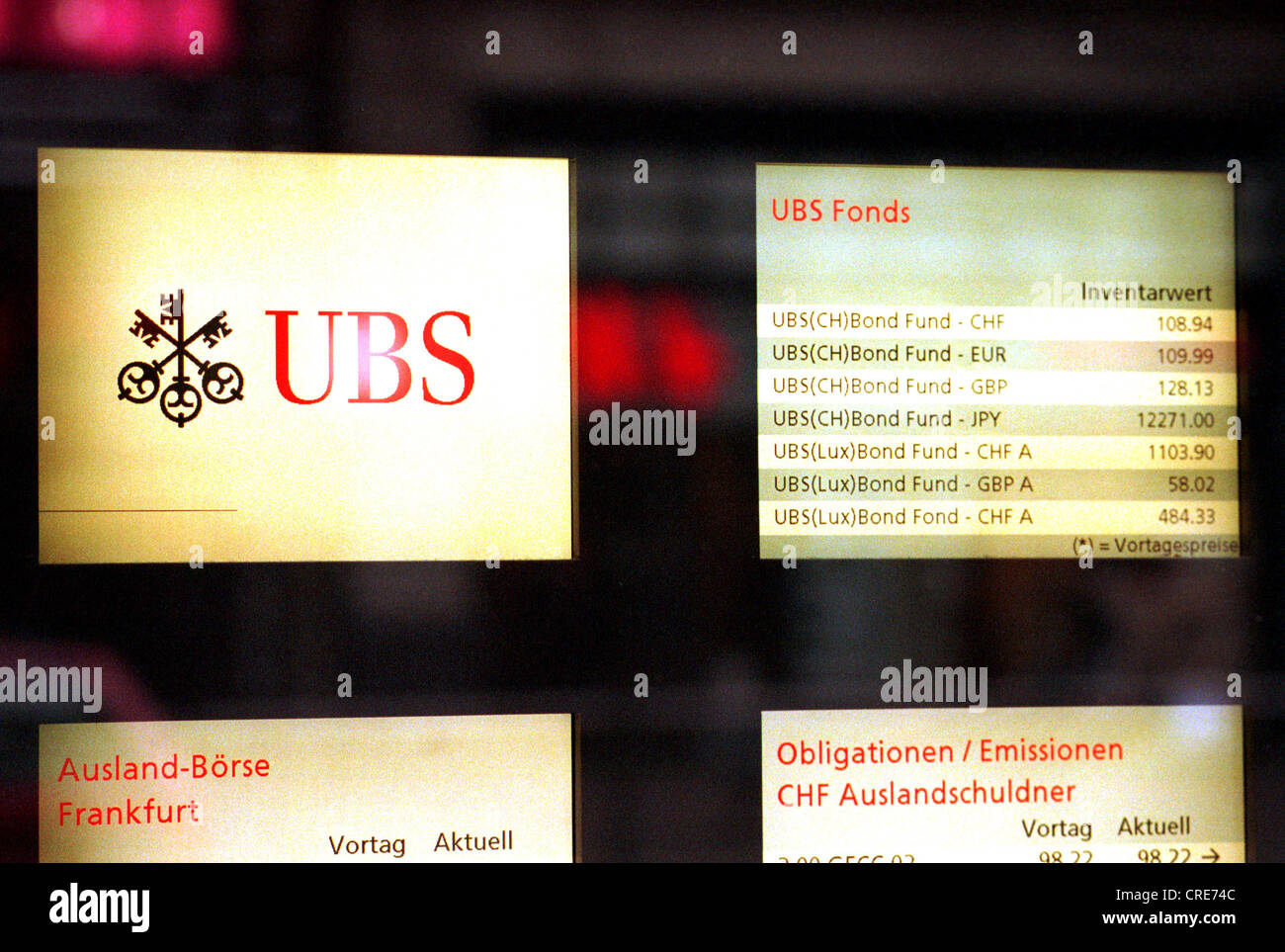 Logo of the UBS with information on foreign stock exchange in the ...