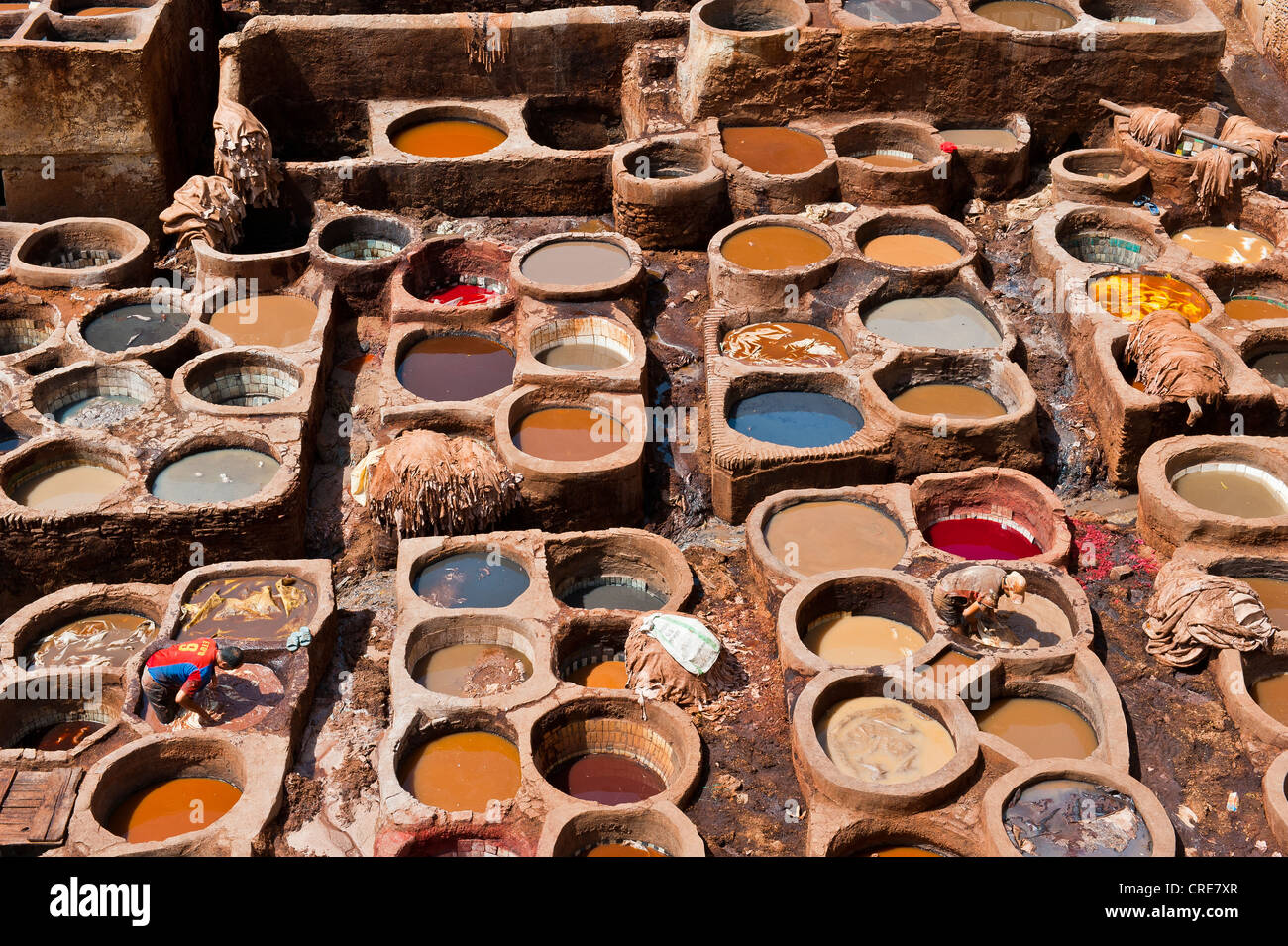 Traditional tannery with dyeing pits, historic town centre or Medina ...