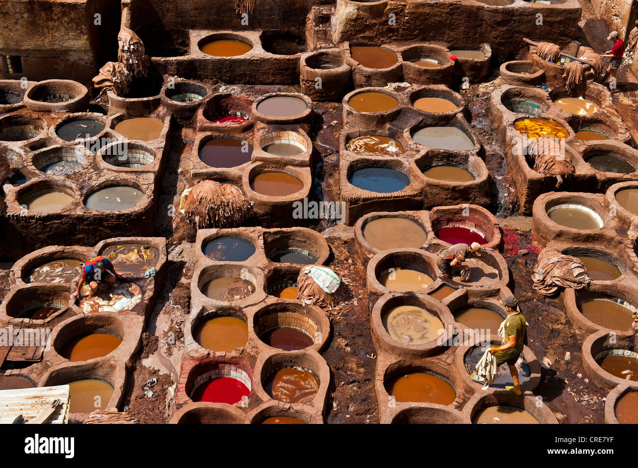 Traditional tannery with dyeing pits, historic town centre or Medina ...