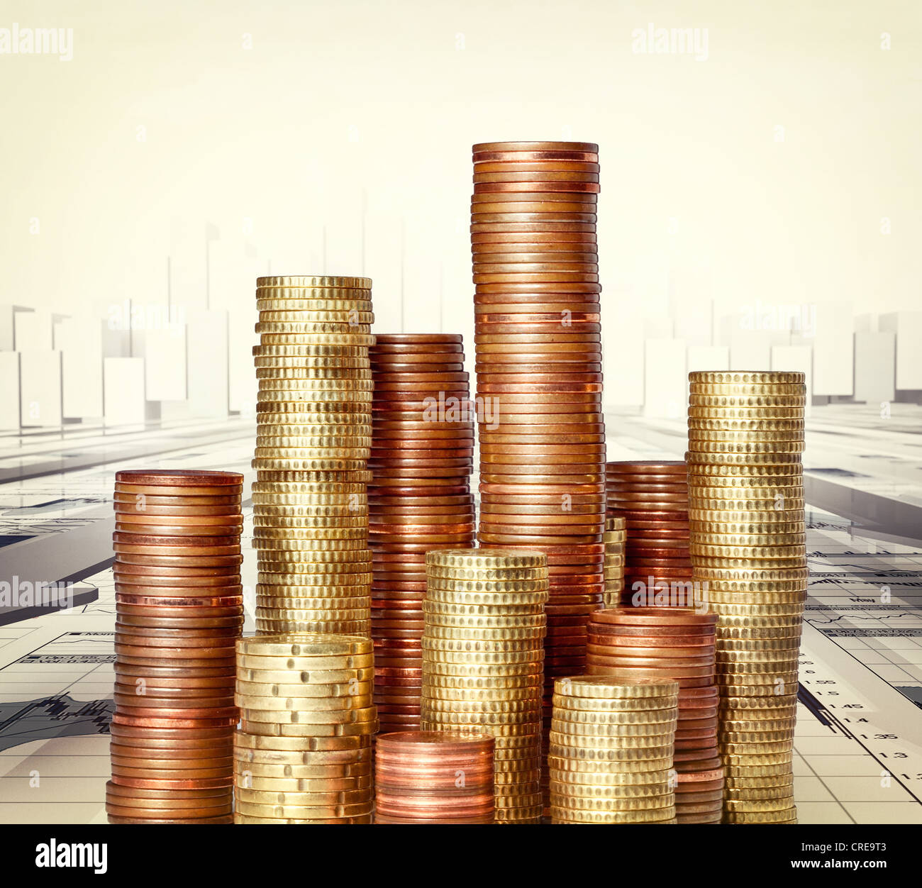 image of coin piles and 3d stat background Stock Photo - Alamy