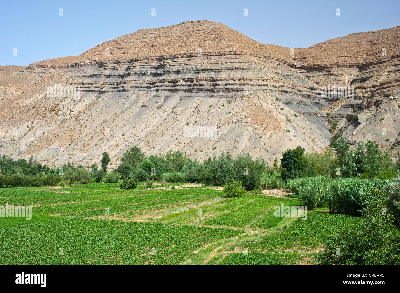 Mountains, escarpment landscape with small fields in the river valley ...