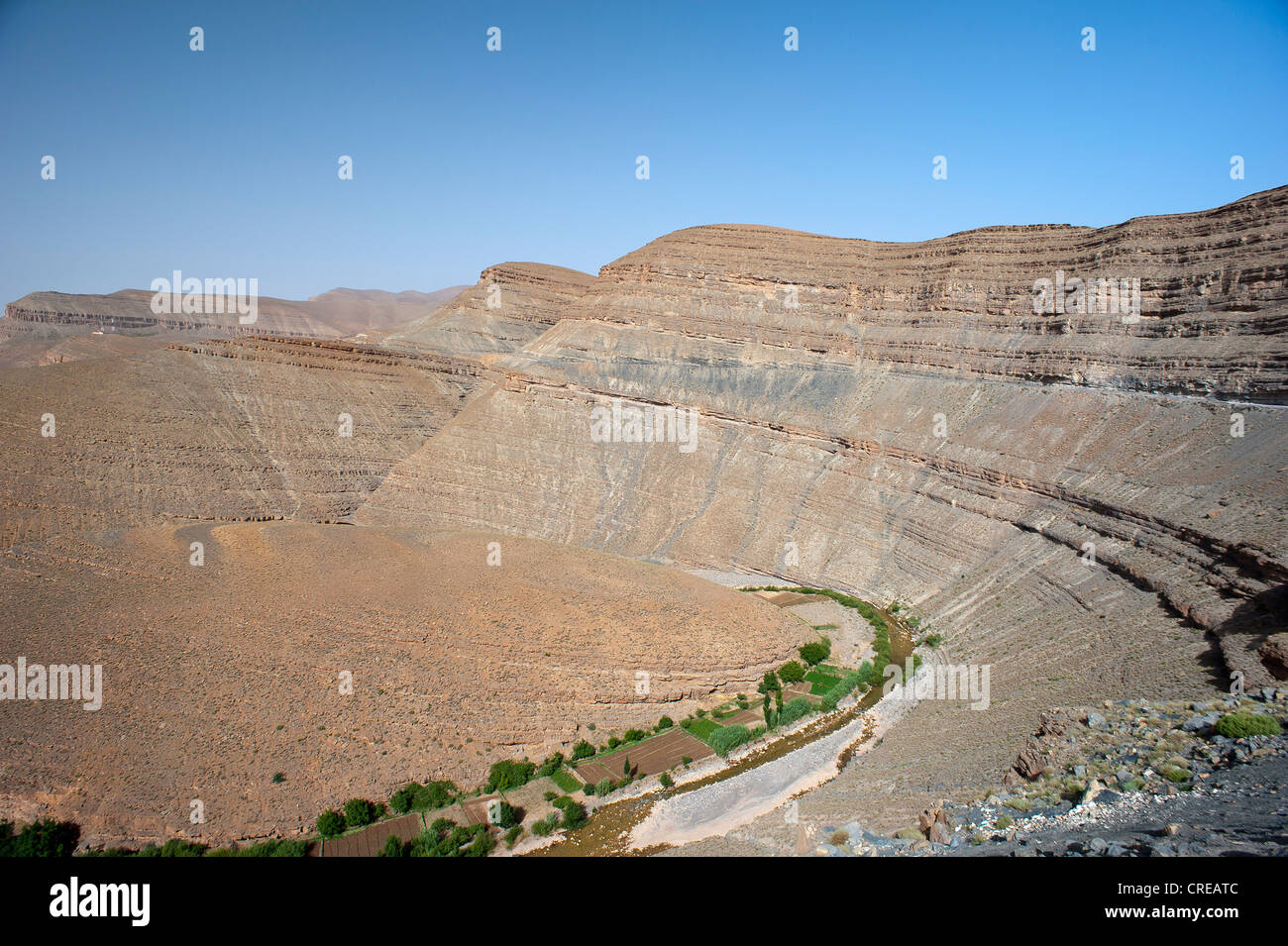 Mountains, escarpment landscape with small fields in the river valley ...