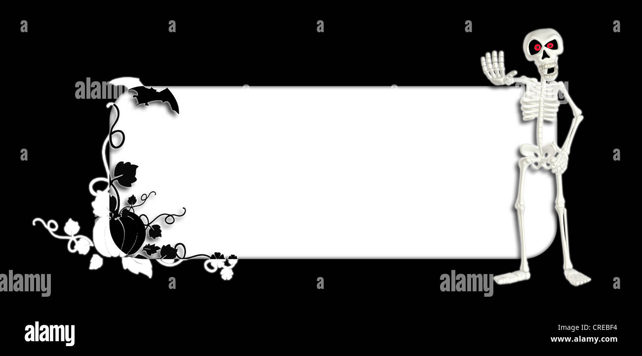 Illustration of an angry skeleton in front of a halloween themed banner ...