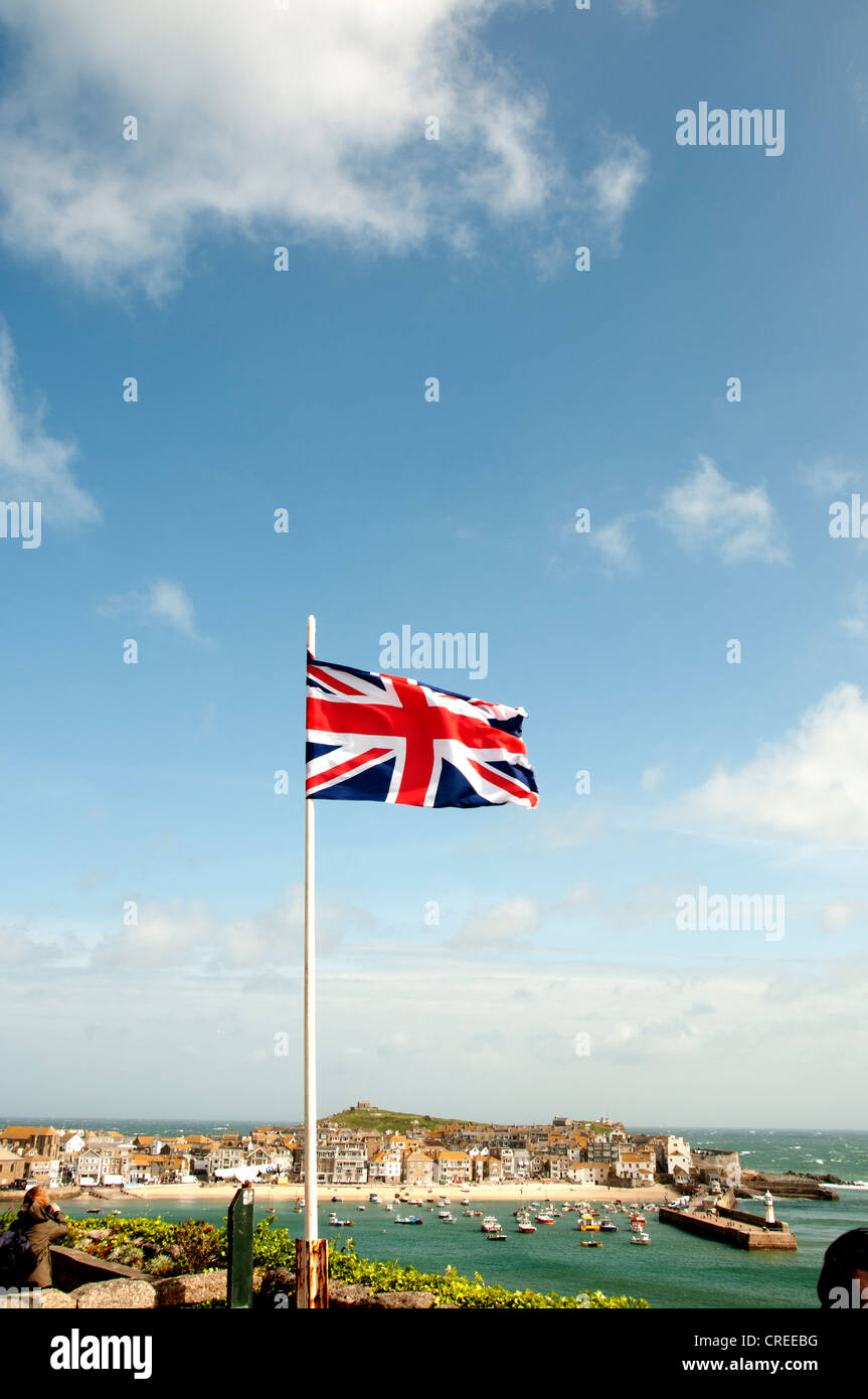 Union Jack flag flying over St Ives in Cornwall Stock Photo - Alamy