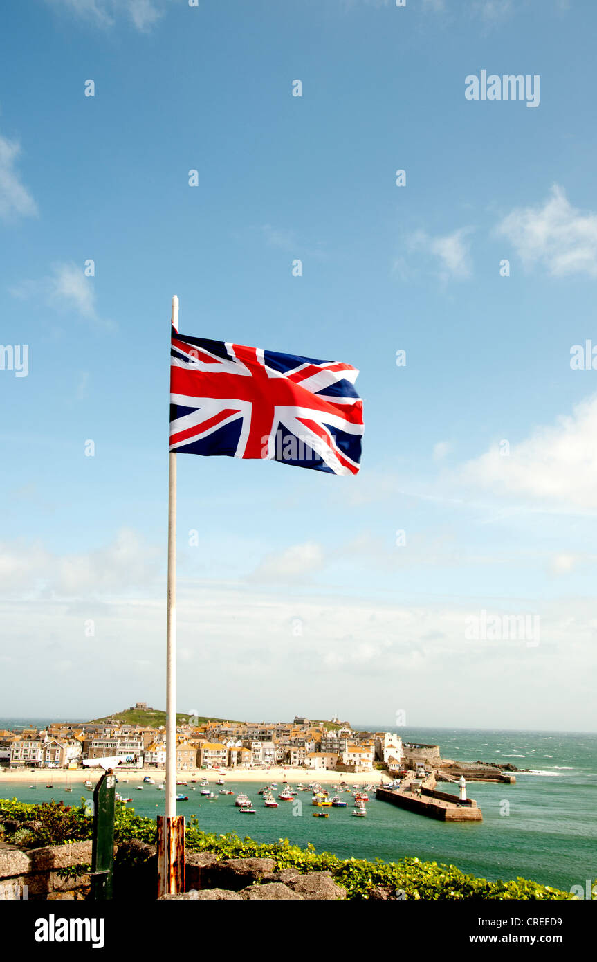 Union Jack flag flying over St Ives in Cornwall Stock Photo - Alamy