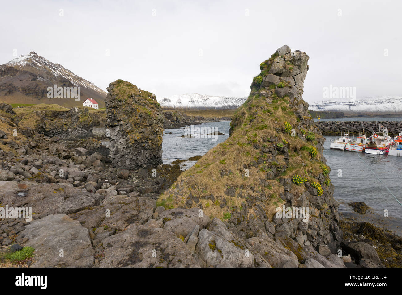 Basalt coast and the small fishing harbour of Arnarstapi, Iceland ...
