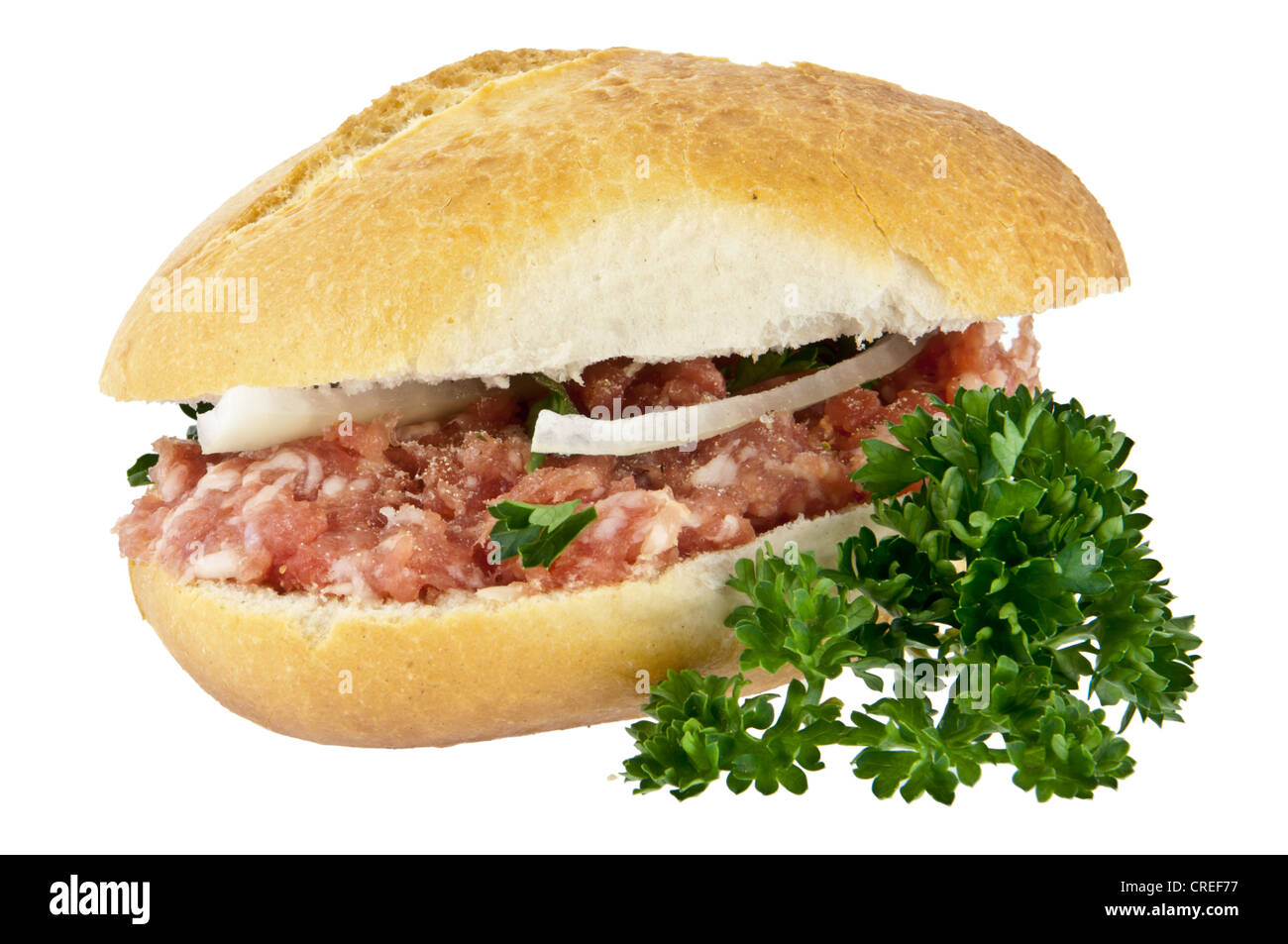 Roll with minced pork (In German called Mettbrötchen) isolated on white ...