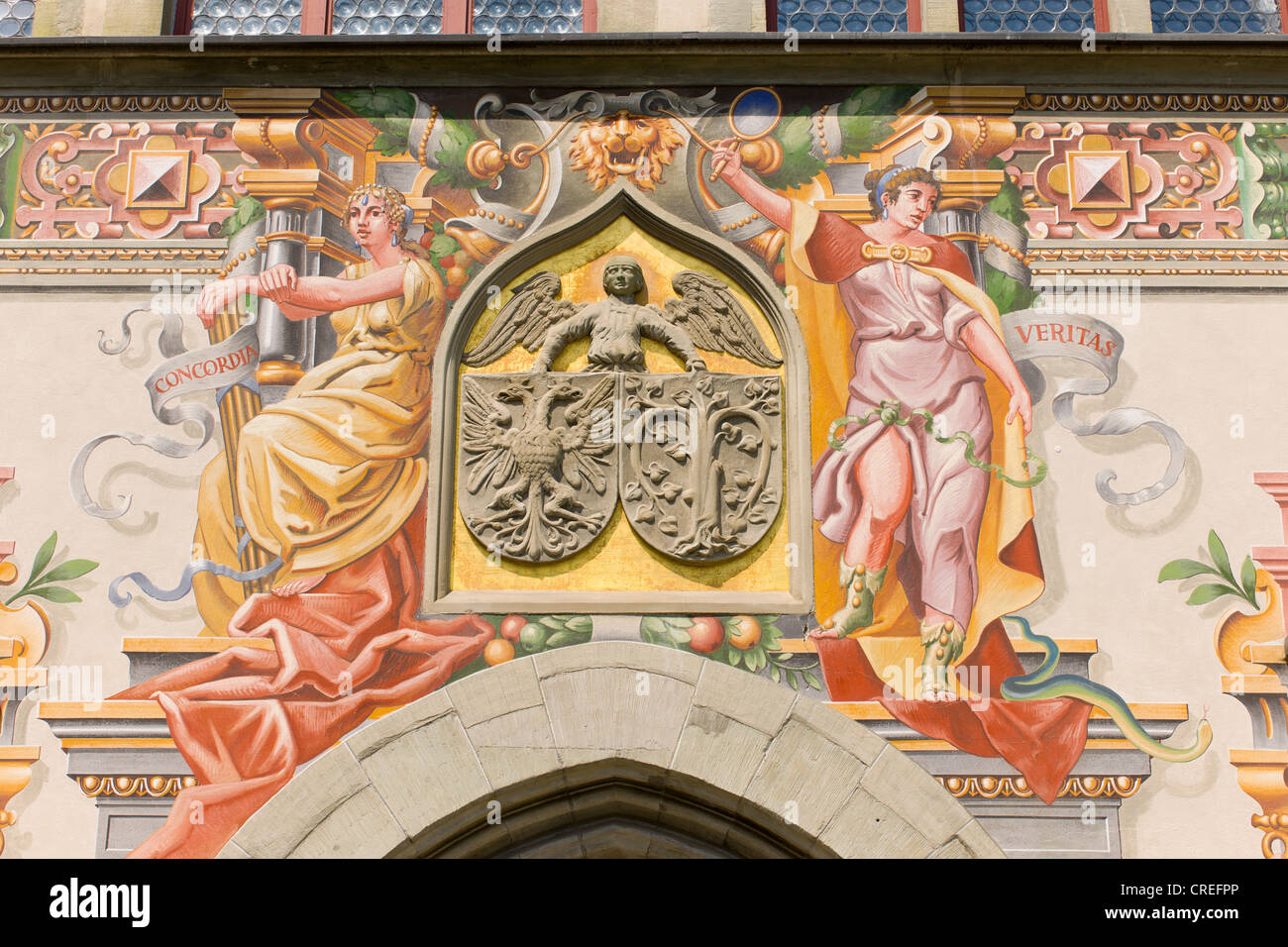 Old town hall, mural painting, lettering "Concordia", harmony, and ...