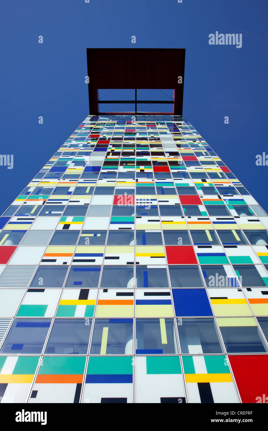 Colorful glass facade of the modern Colorium tower, Medienhafen port in ...