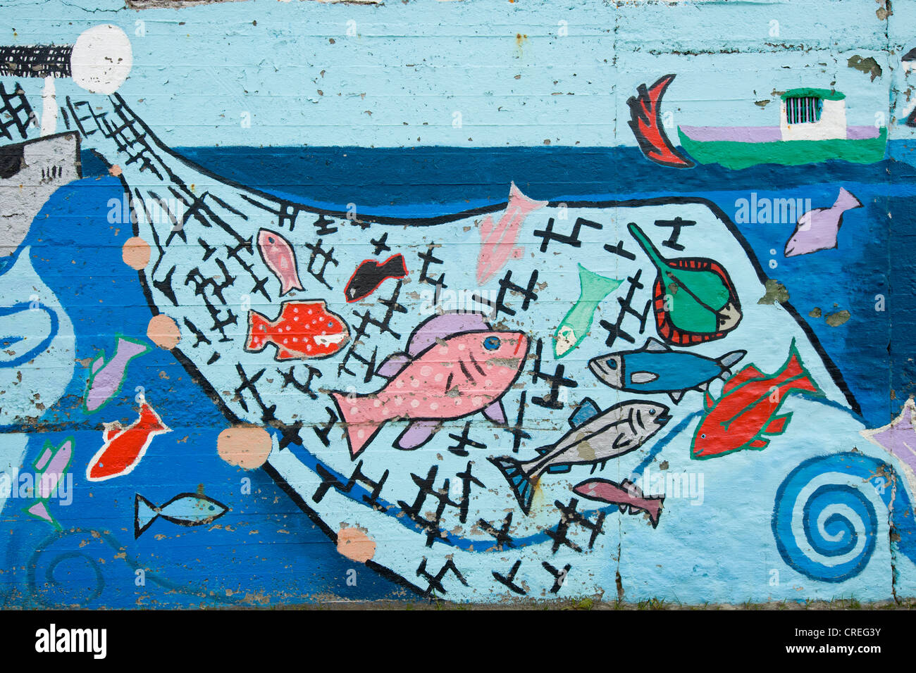 Net full of fish, mural, graffiti, Iceland, Europe Stock Photo - Alamy