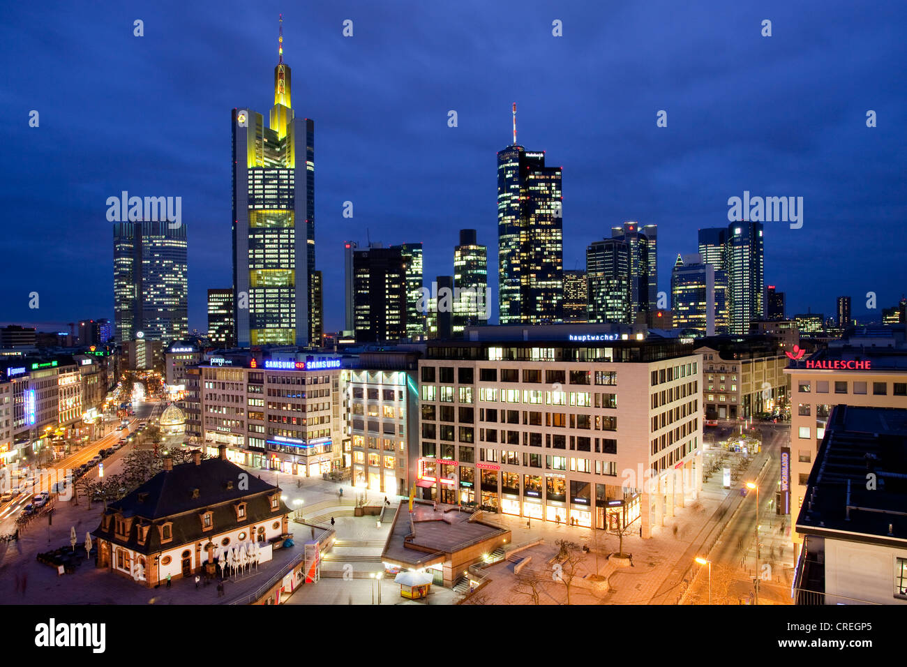 Skyline at dusk with the Hauptwache and the financial district, Westend ...