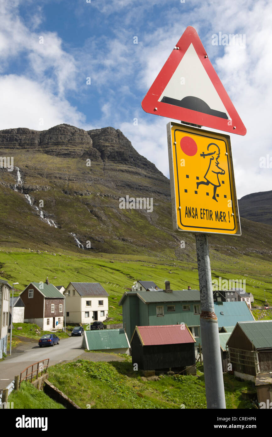 Speed hump warning sign, Caution Children sign, Faroe Islands, island ...