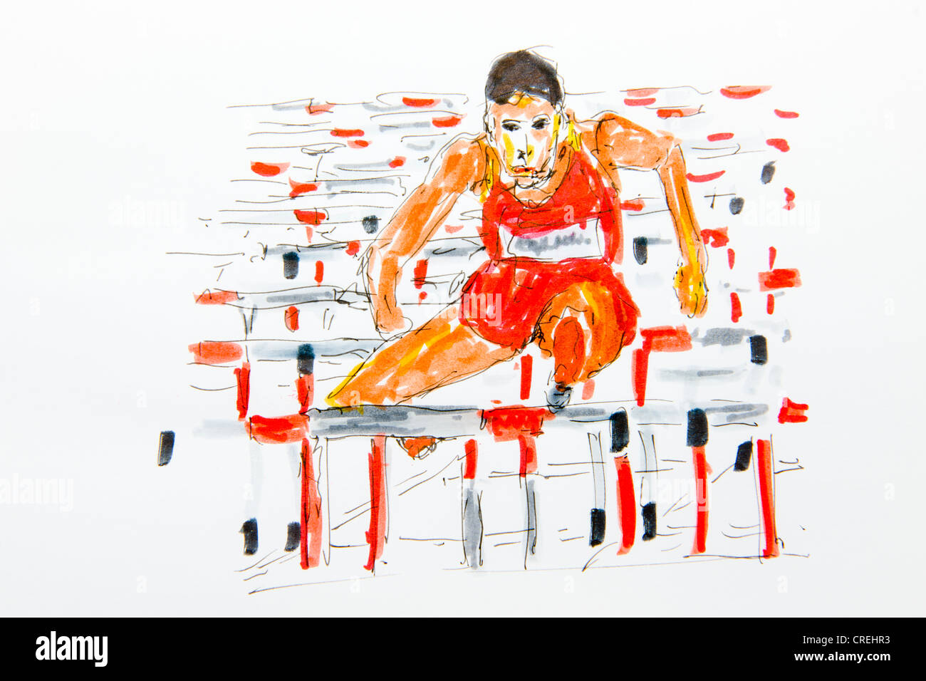Hurdler, coloured drawing, by artist Gerhard Kraus, Kriftel, Germany ...