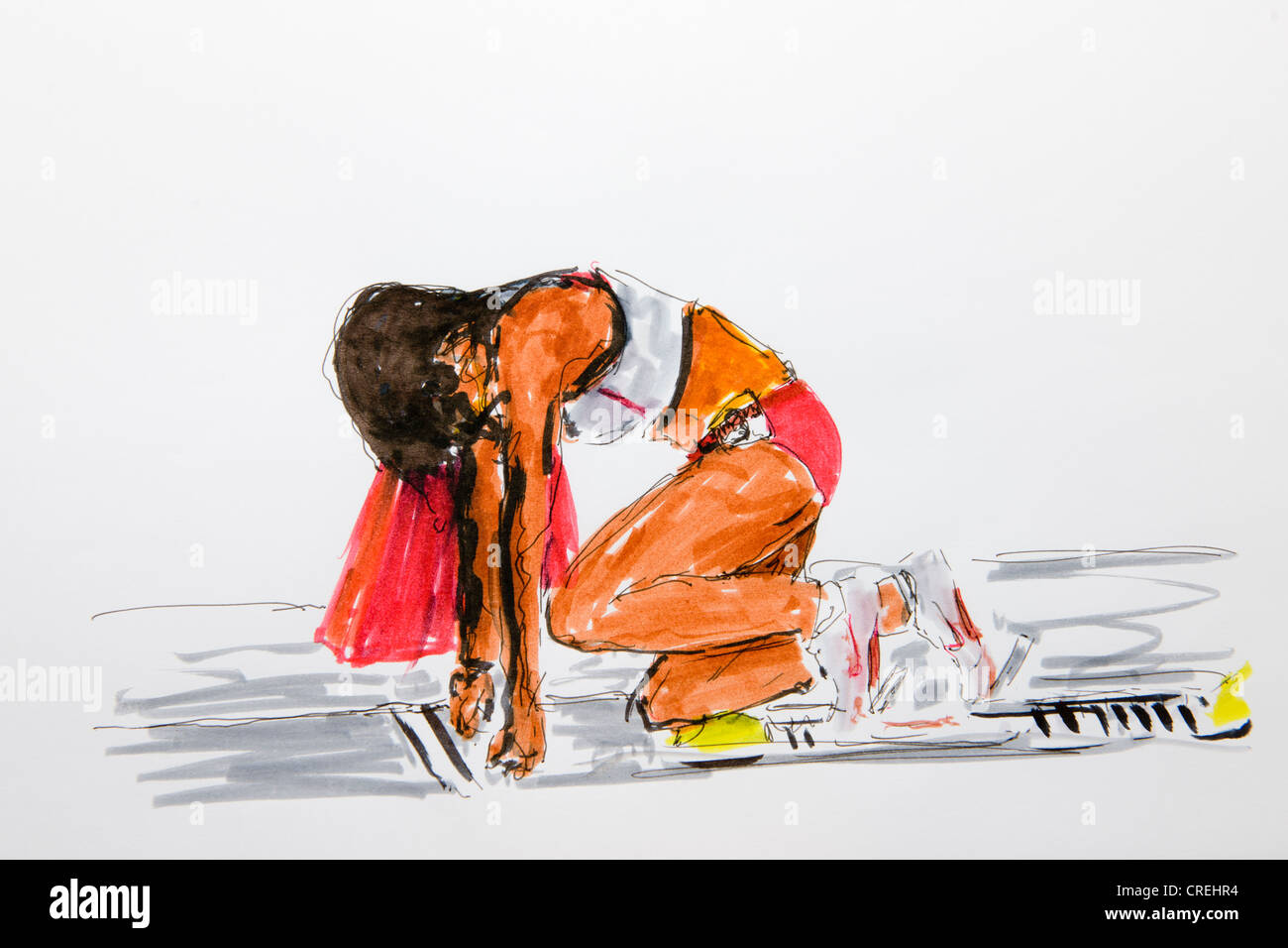 Female runner about to start in running race, coloured drawing, by ...