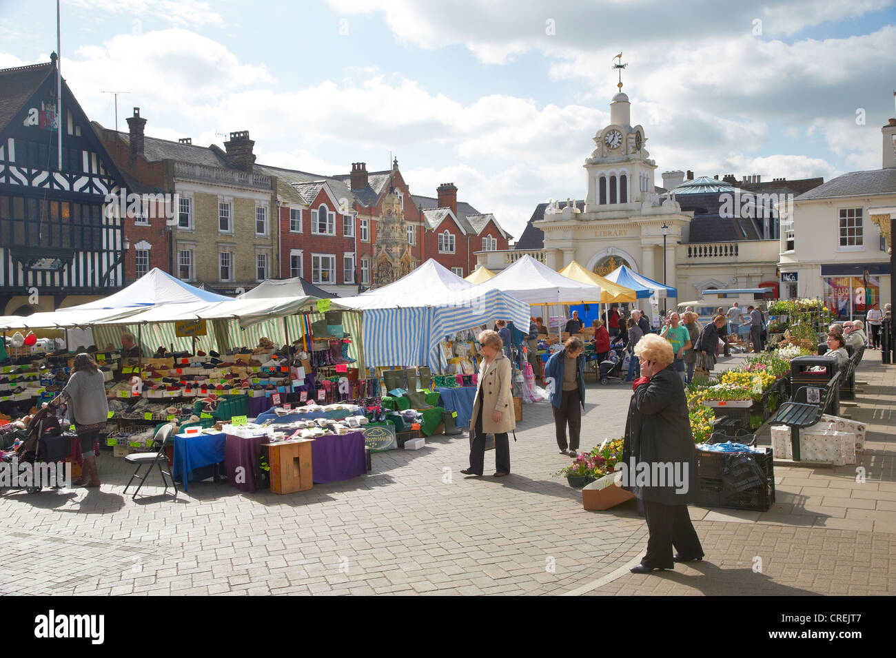 Old English market town, with monuments and church spire, UK Stock ...