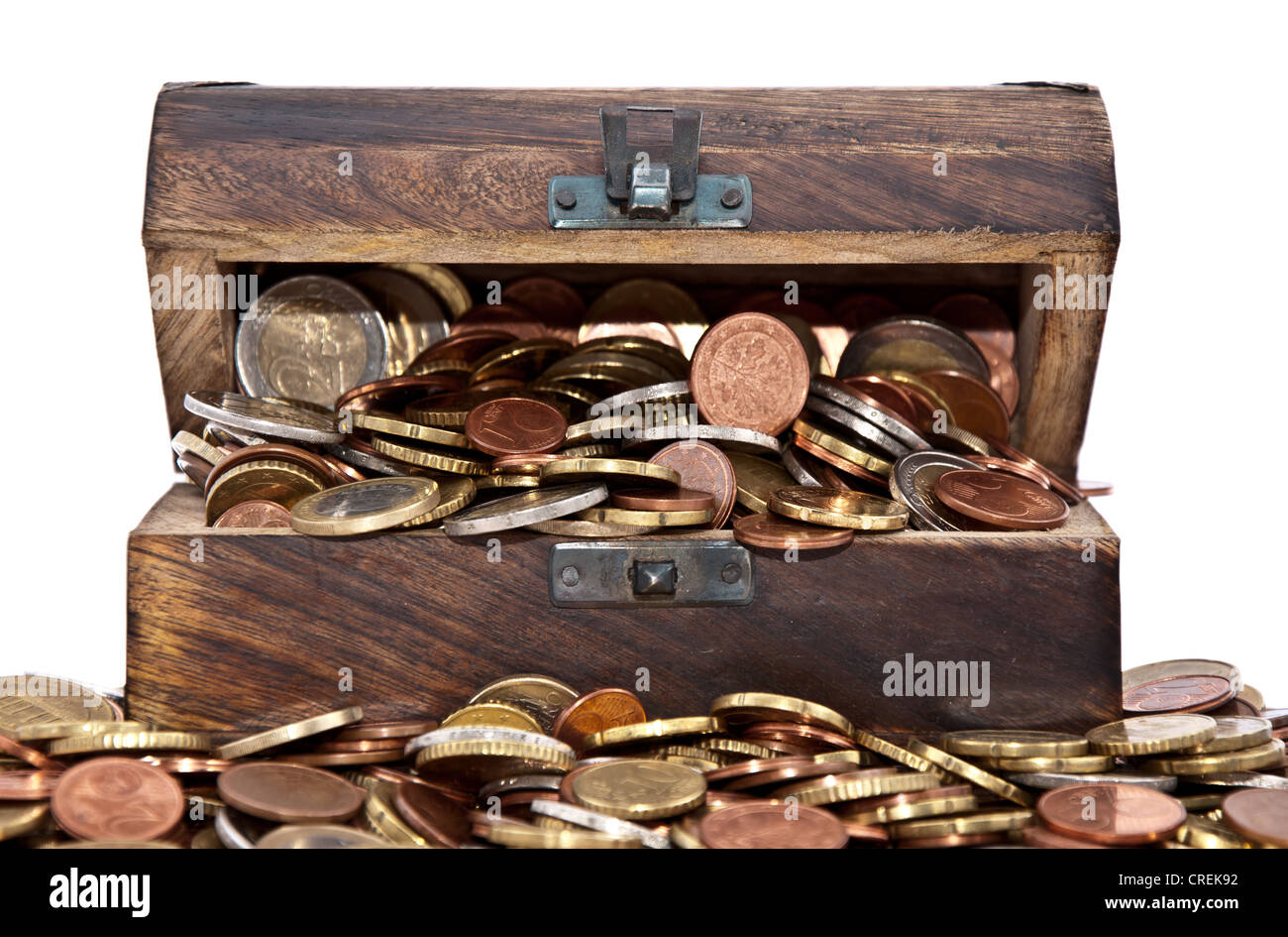 Wooden treasure box with Euro-Coins isolated on white background Stock ...