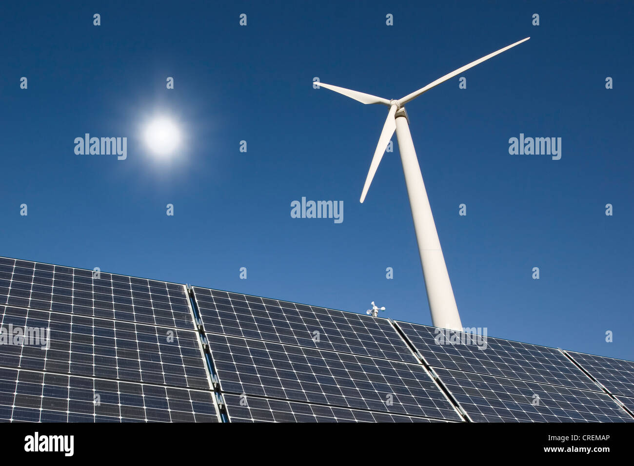 Solar panels, wind turbine, sun Stock Photo - Alamy