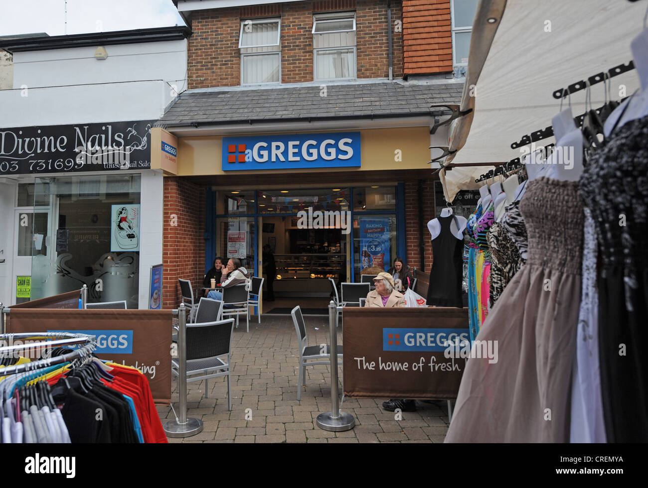 Greggs the bakers and outside cafe seating in Littlehampton town centre ...