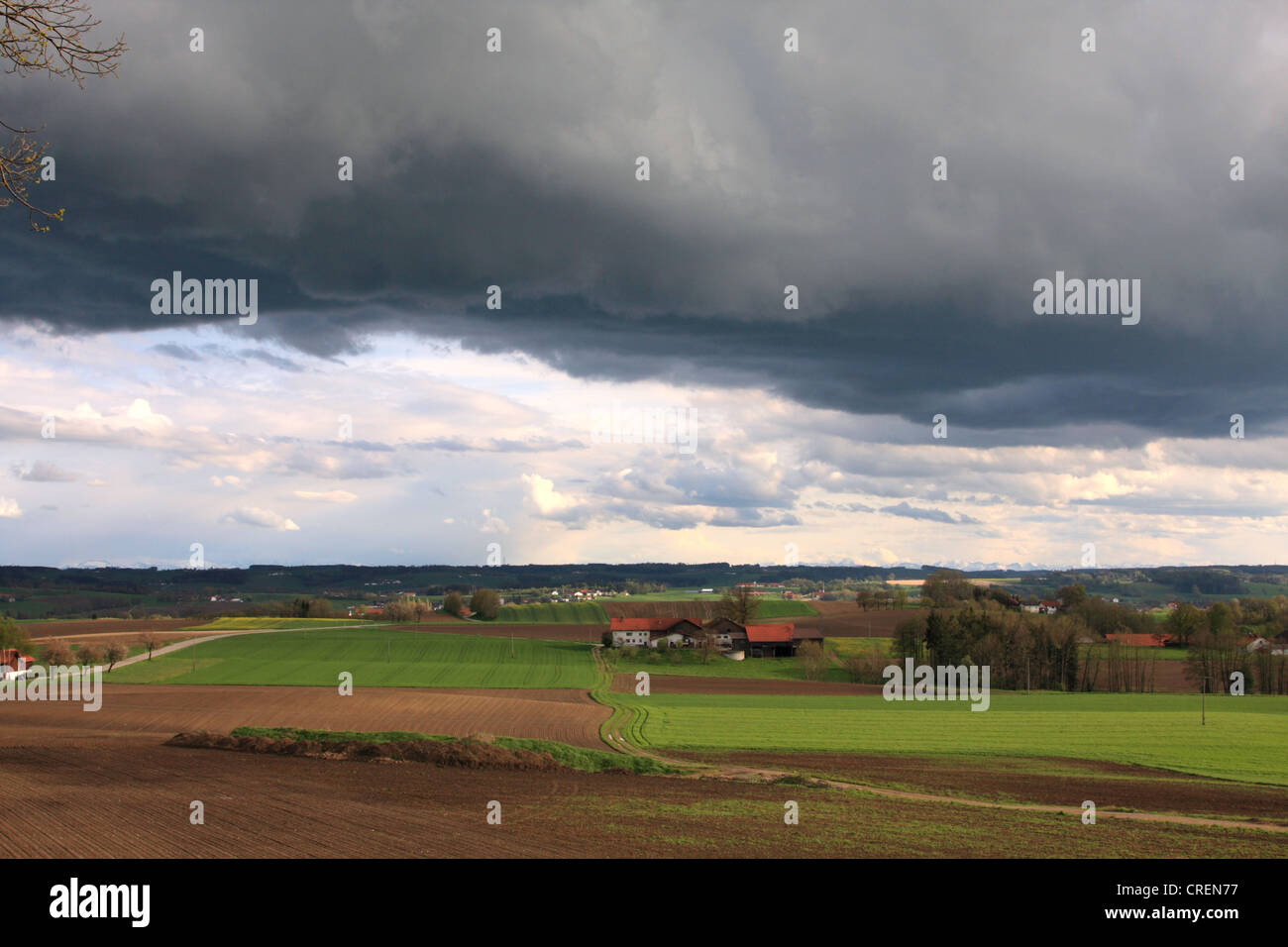 dark rain clouds over the alpine upland, Germany, Bavaria, Oberbayern ...
