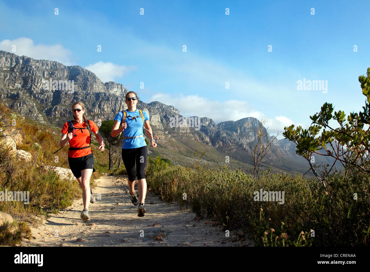 Two women running on the Pipe Track above Camps Bay. Cape Town, South ...