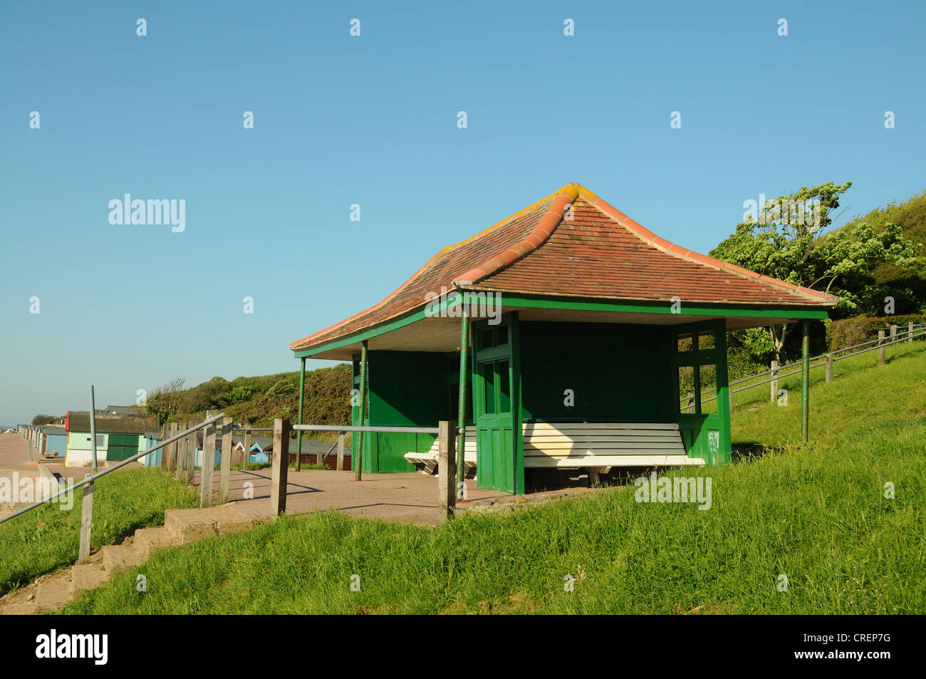 A seating hut, or pavilion along the promenade at Frinton in Essex ...