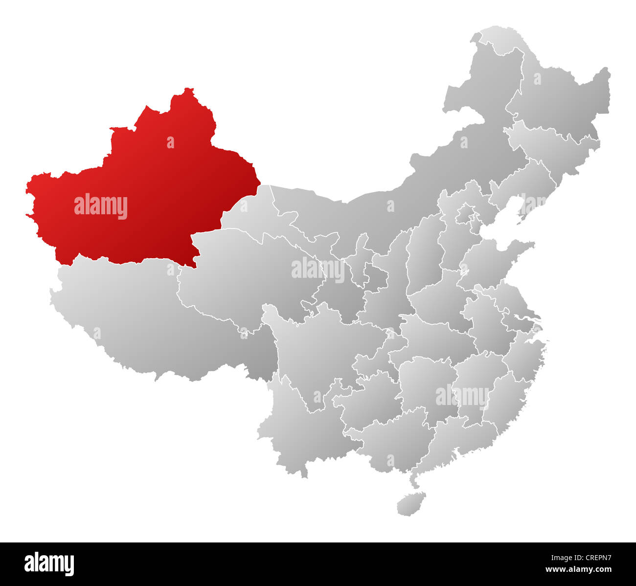 Political map of China with the several provinces where Xinjiang is ...