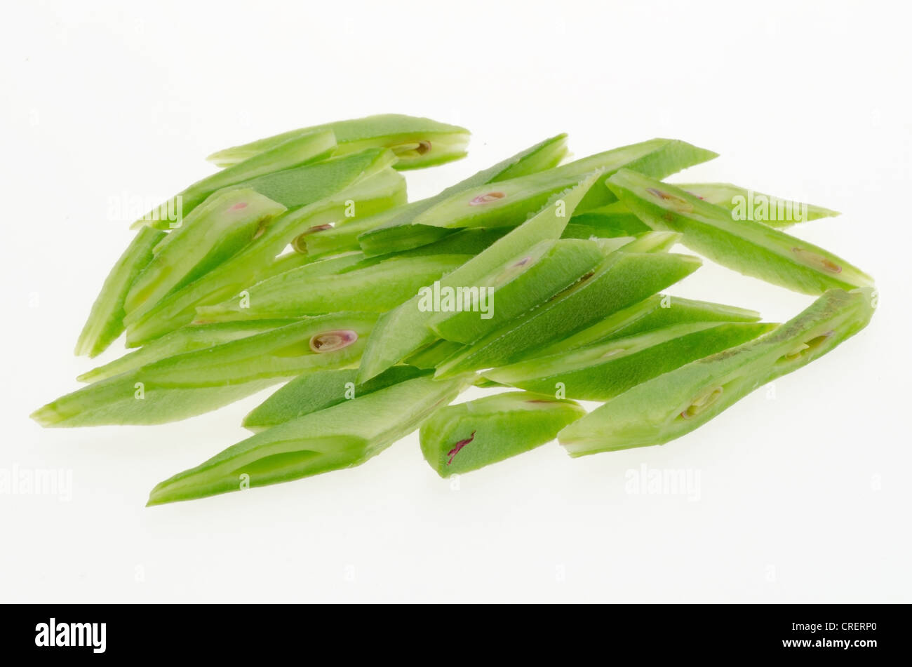 Fresh sliced green runner beans. Studio shot with a white background ...