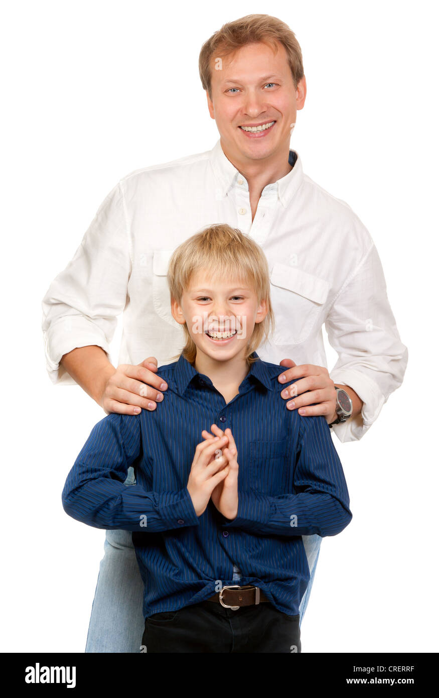 Portrait of father and son in the studio, isolate on white Stock Photo ...