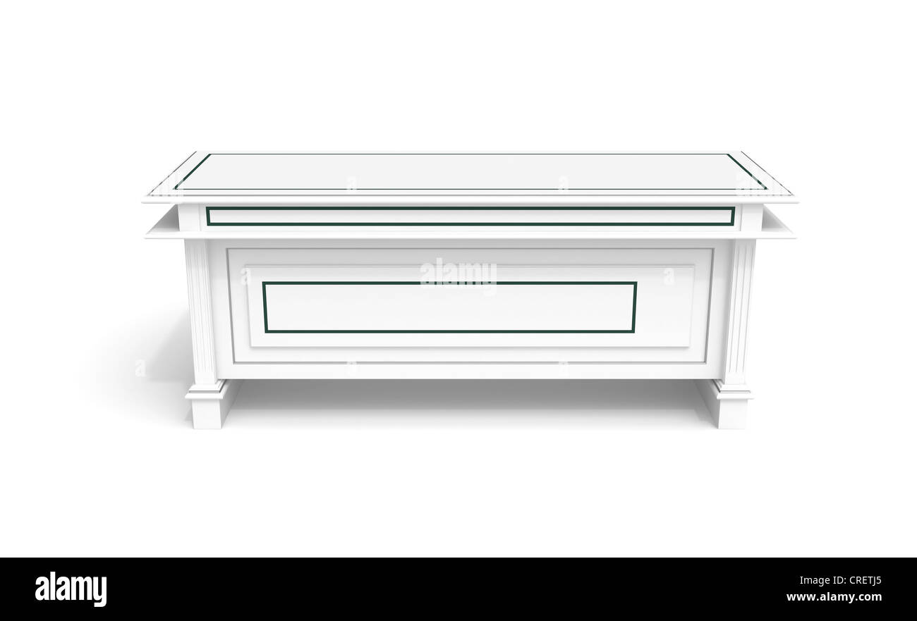 White wooden writing table, front side view isolated on white with soft ...